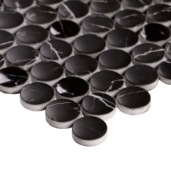 Lungarno - Simple Stone Glass Mosaic - Nero Pennyround - Floorzz