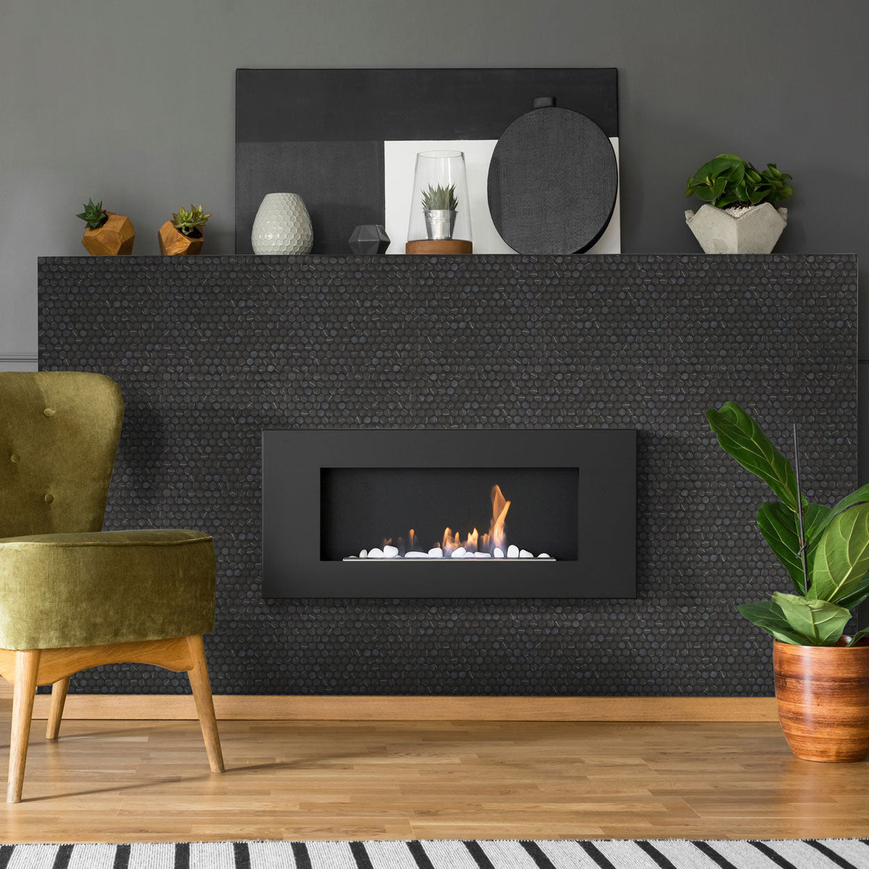 Lungarno - Simple Stone Glass Mosaic - Nero Pennyround — Floorzz